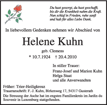 Traueranzeigen von Helene Kuhn | Volksfreund.Trauer.de