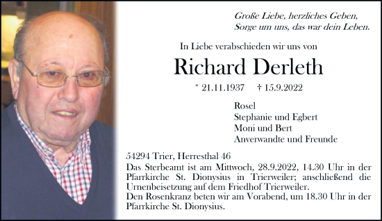 Traueranzeigen von Richard Derleth | Volksfreund.Trauer.de